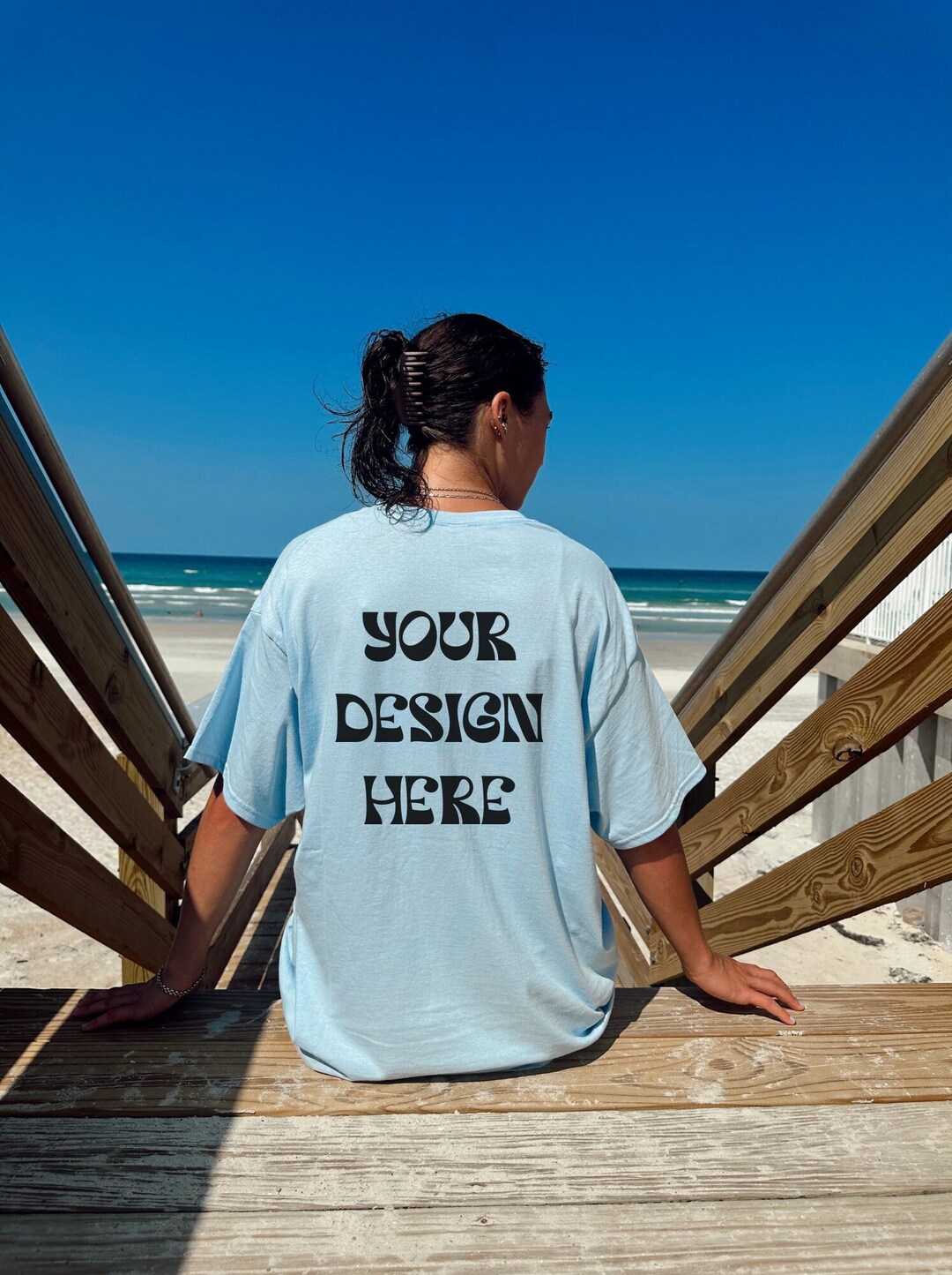 Gildan 5000 Back Mockup Light Blue Outdoors Oversized Model Mock ...
