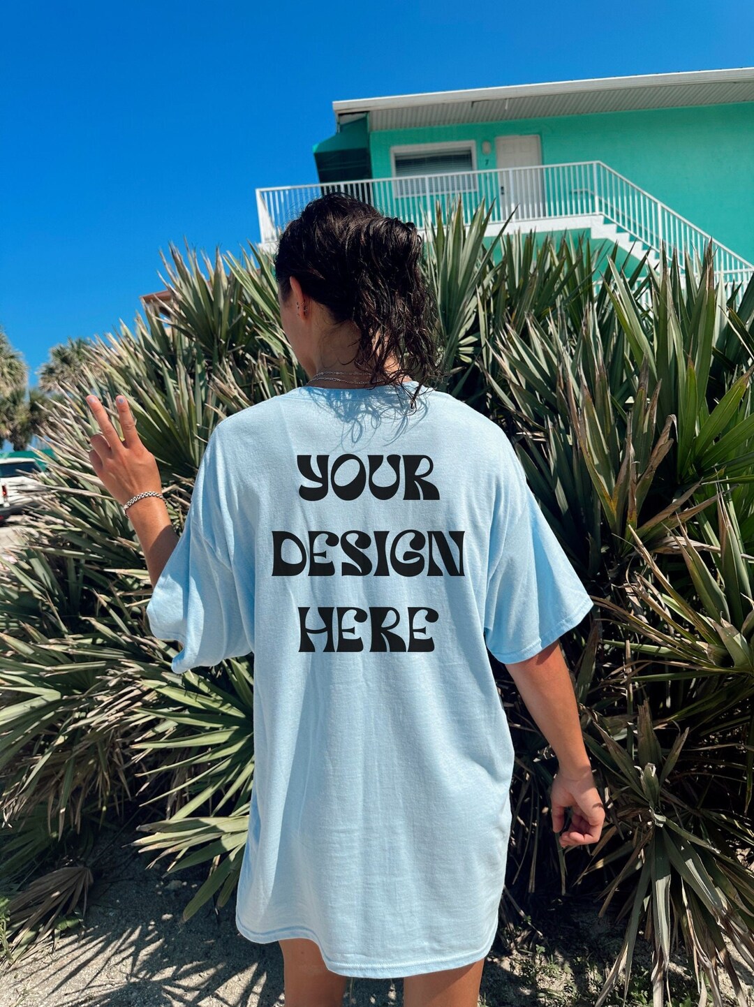 Gildan 5000 Back Mockup Light Blue Outdoors Oversized Model Mock ...