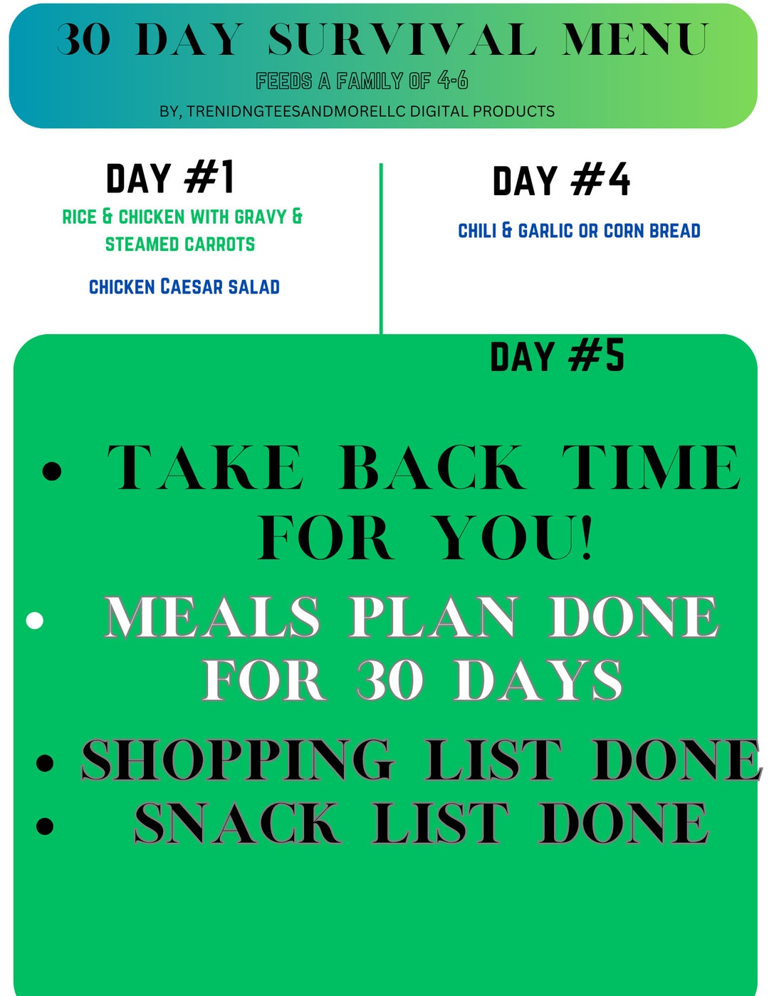 30 Day Survival Menu , Planner for Families 4-6 People - Etsy