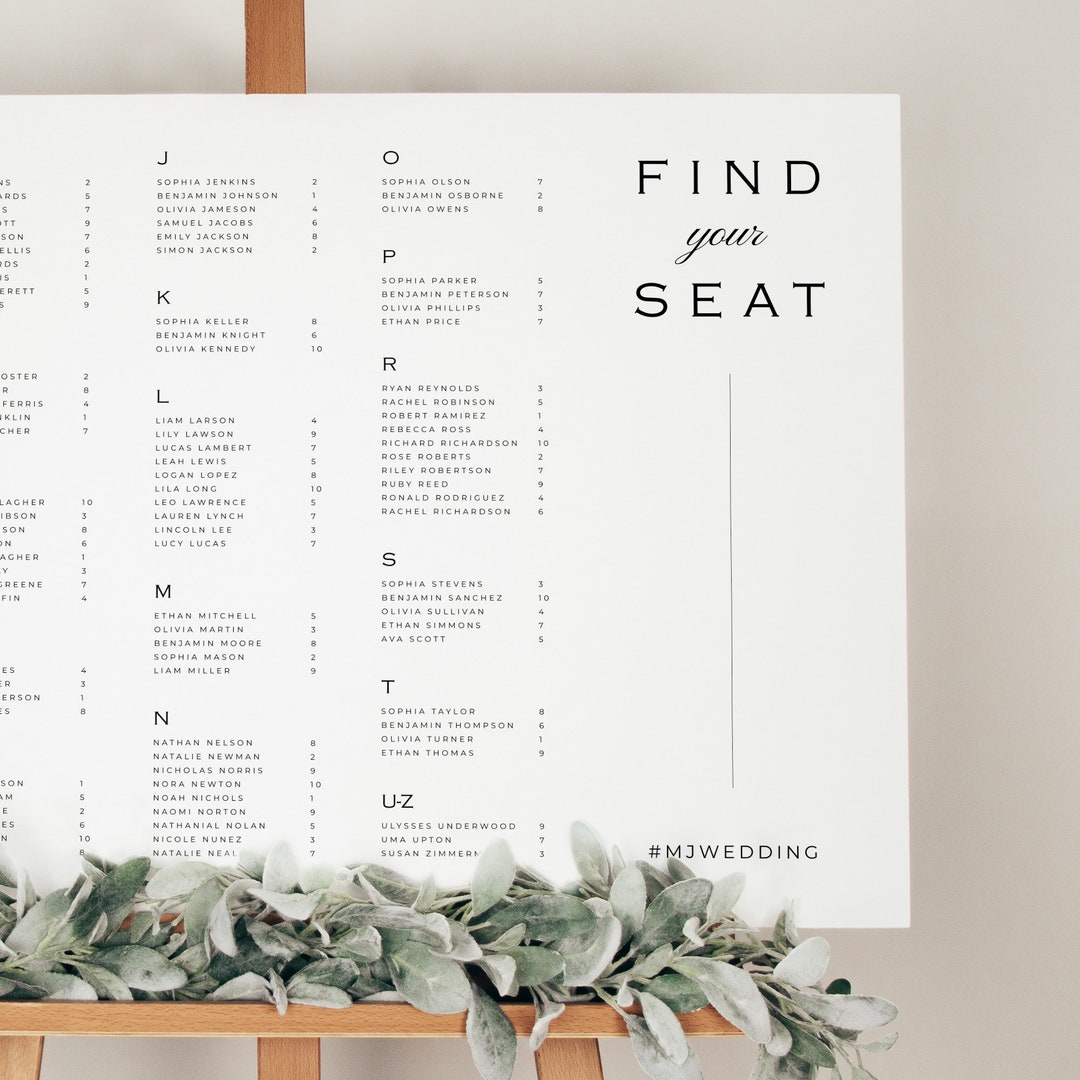 Seating Chart Poster Size | Seating Chart Sign Alphabetical Order ...