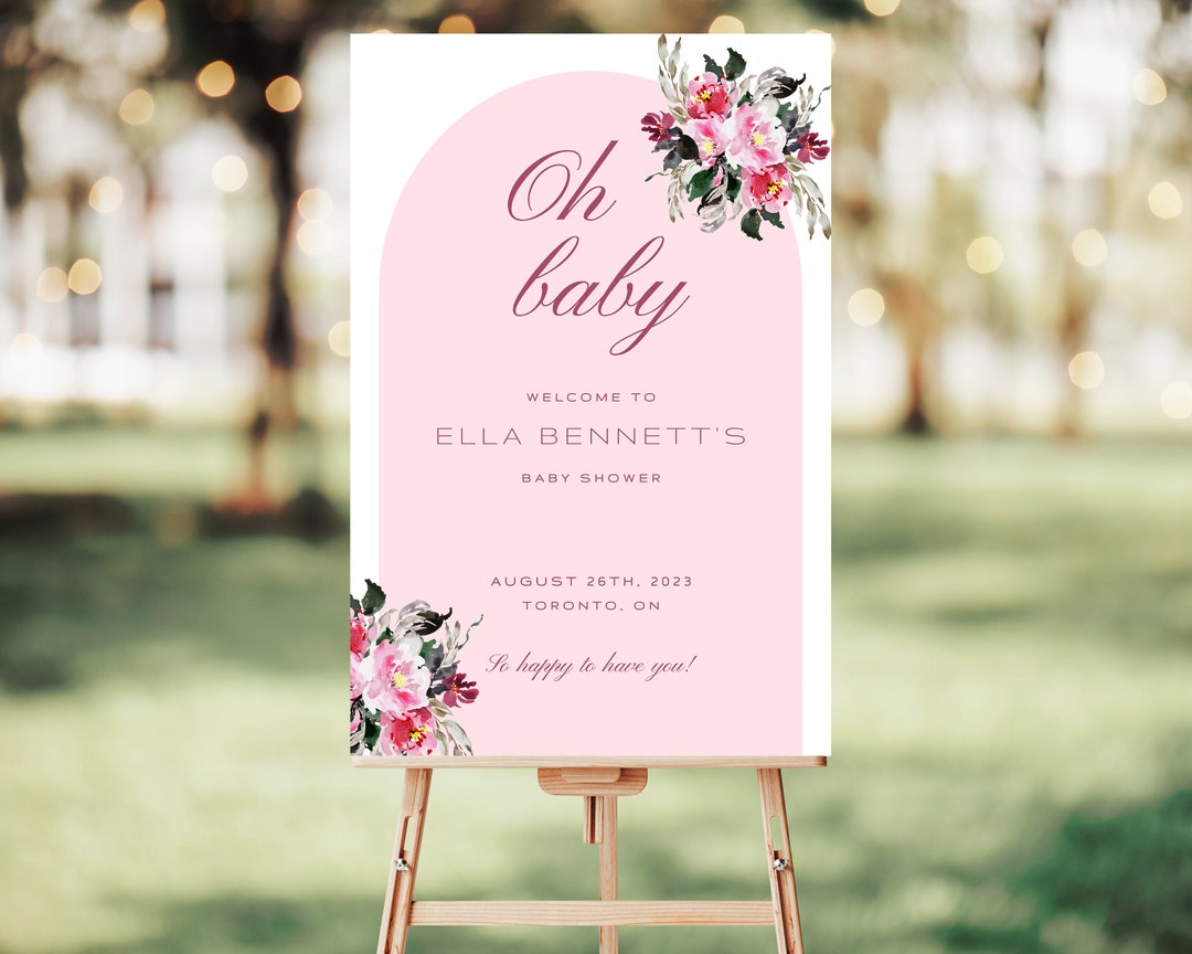 Pink Floral Baby Shower Welcome Sign | Pink Flower Baby Welcome Poster ...