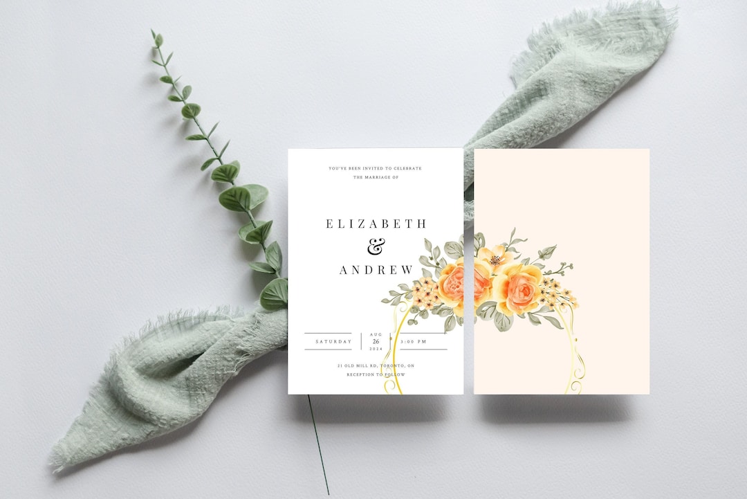Modern Wedding Invitation Floral Invite Orange Yellow Flowers Editable ...