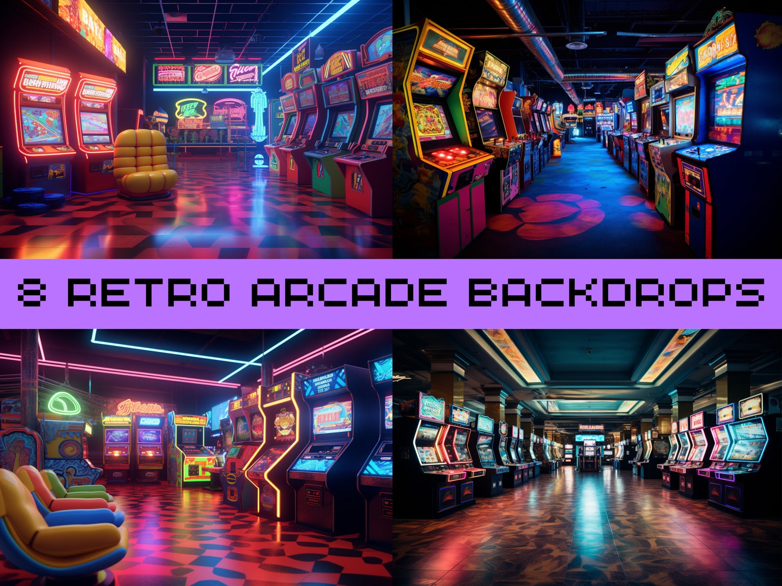 Retro Arcade Digital Backdrops, Retro Theme, Arcade Theme, Gaming ...