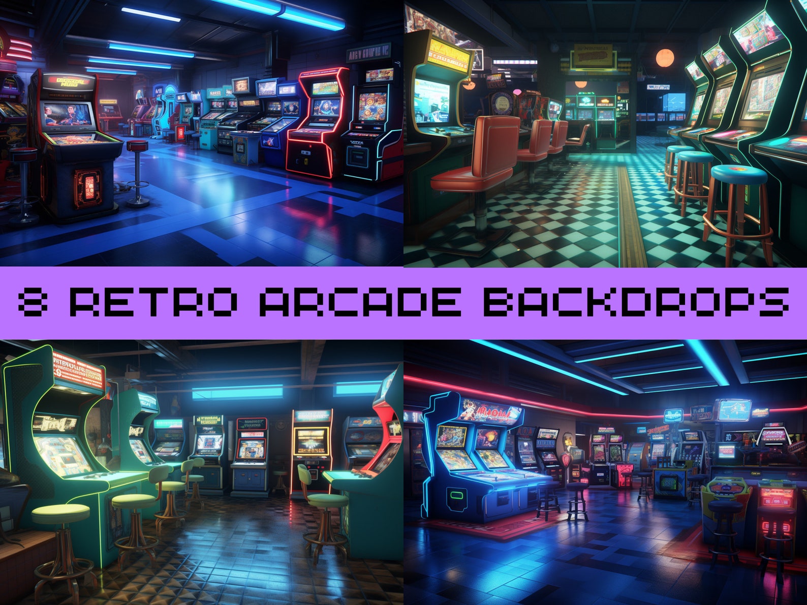 Retro Arcade Digital Backdrops, Retro Theme, Arcade Theme, Gaming ...