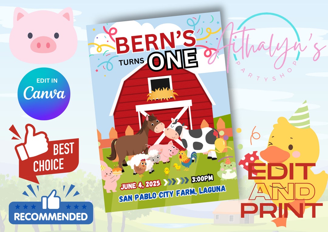 Farm Animals Theme Invitation, Red Barn Invitation, Editable Template ...