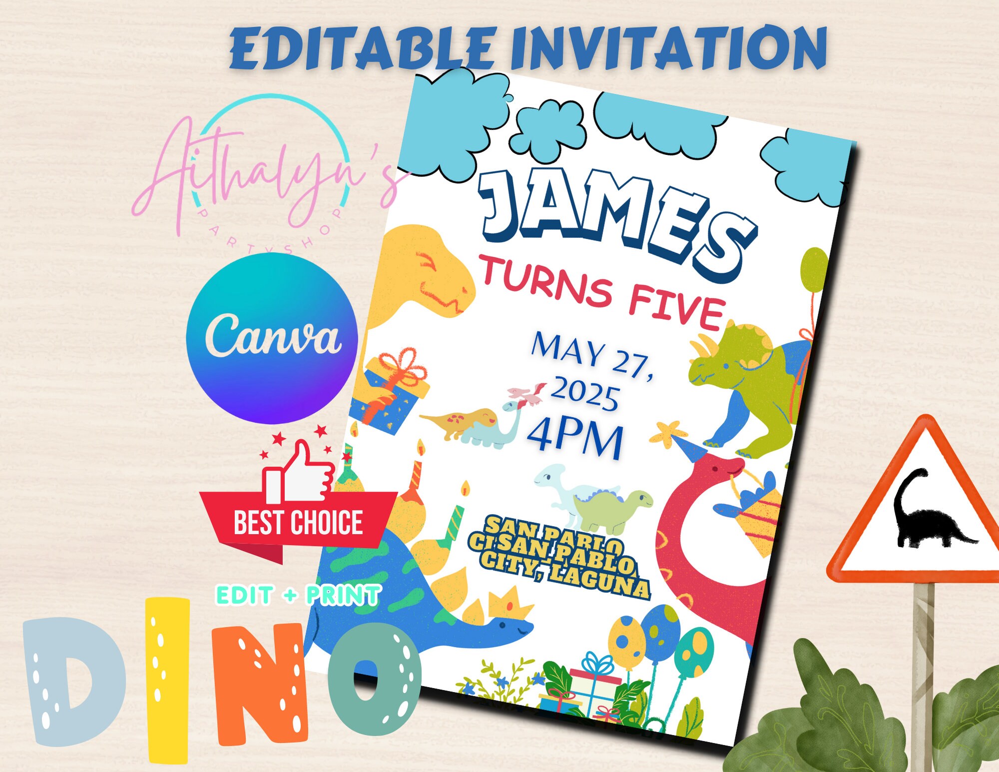 Dino Editable Invitation, Dinosaur Party Invitation, Personalized Cute ...