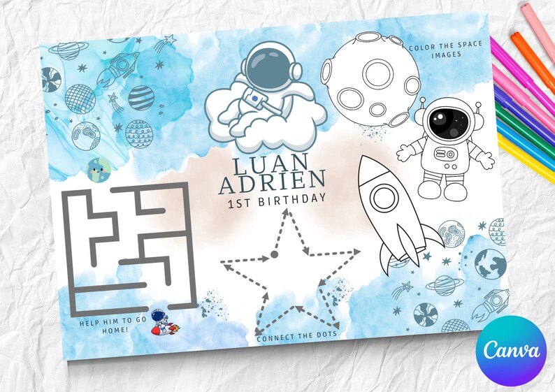 Space Theme Birthday Party Coloring Placemat for Kids Editable Template ...