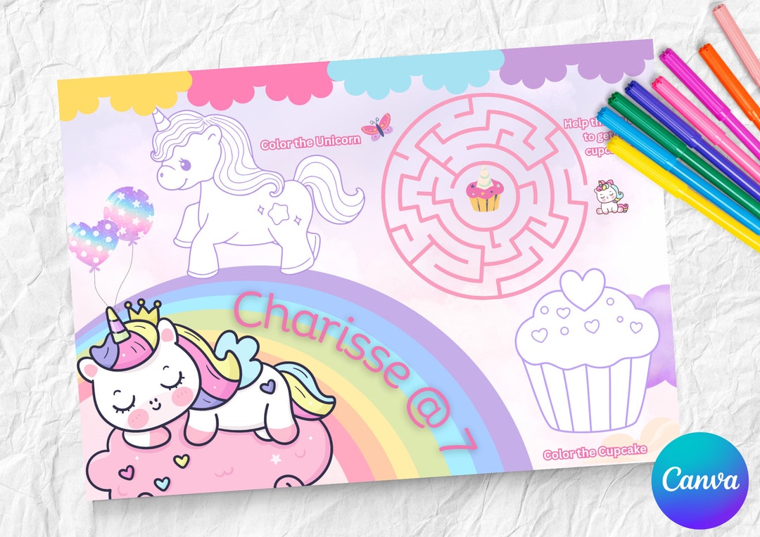 Unicorn Birthday Party Coloring Placemat for Kids Editable Template ...