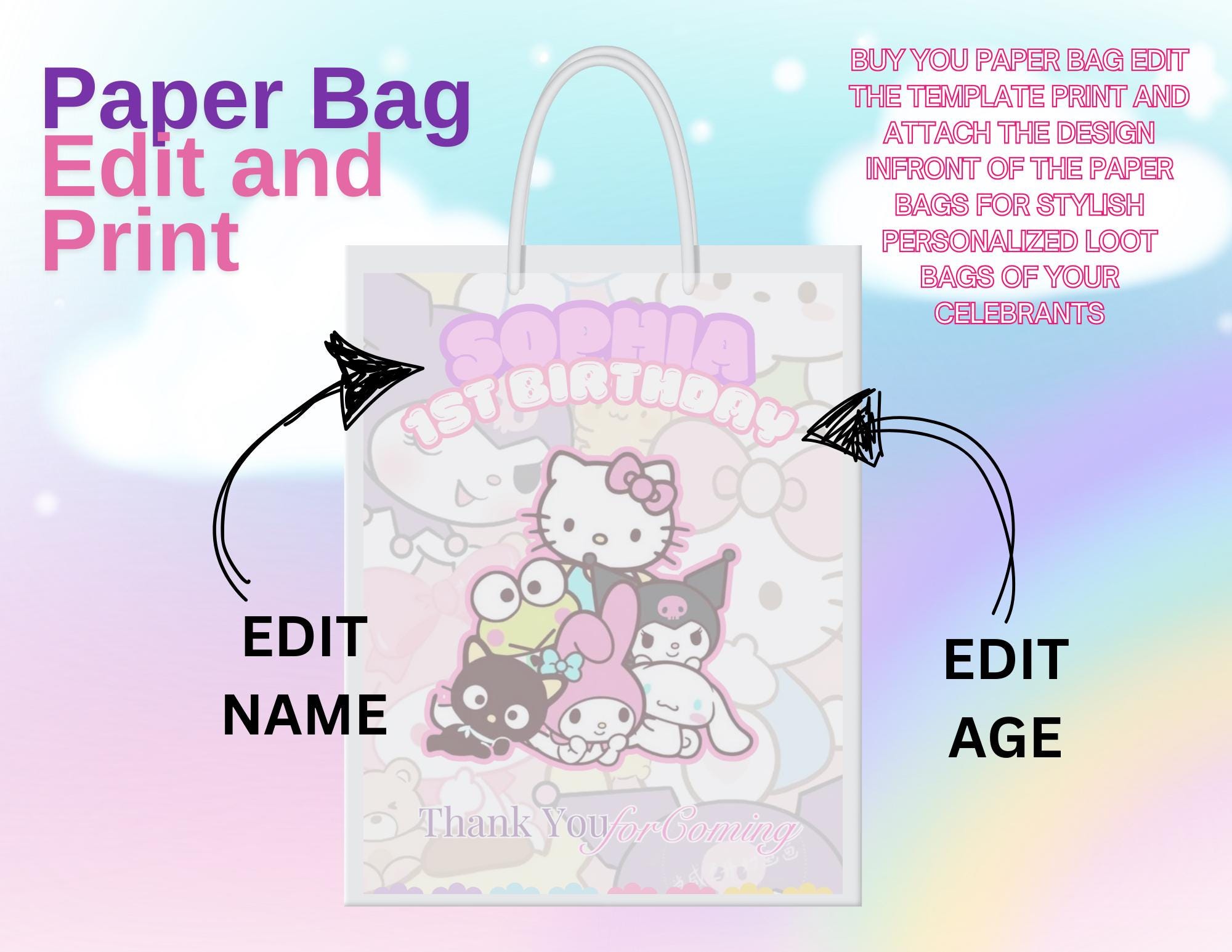 Kawaii Paper Bags Template Kitty and Friends Pastel Cute Paper Bags ...
