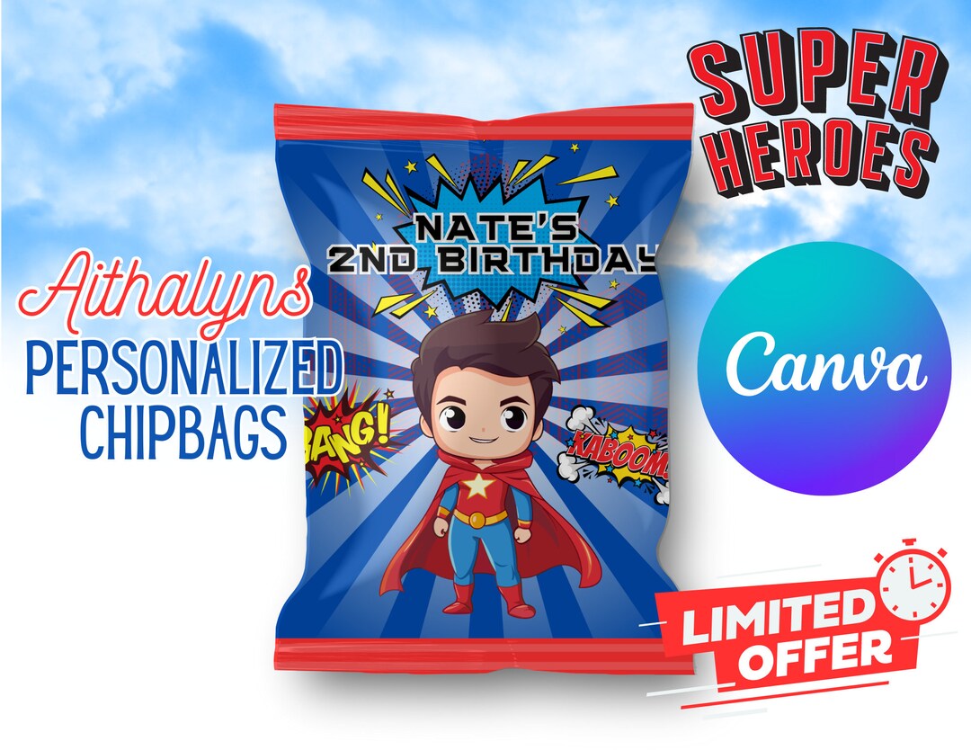Superhero Chip Bag INSTANT DOWNLOAD - Editable Text Superhero Birthday ...