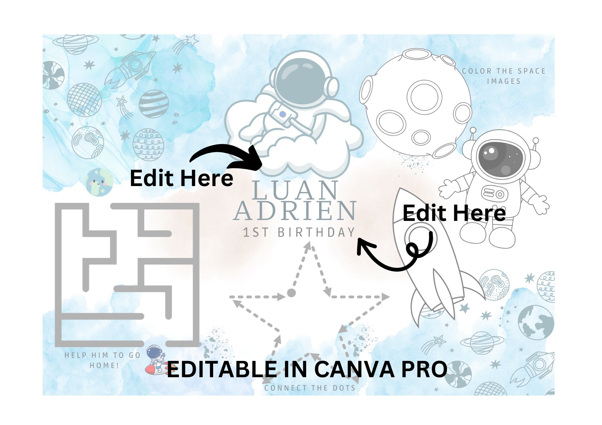 Space Theme Birthday Party Coloring Placemat for Kids Editable Template ...