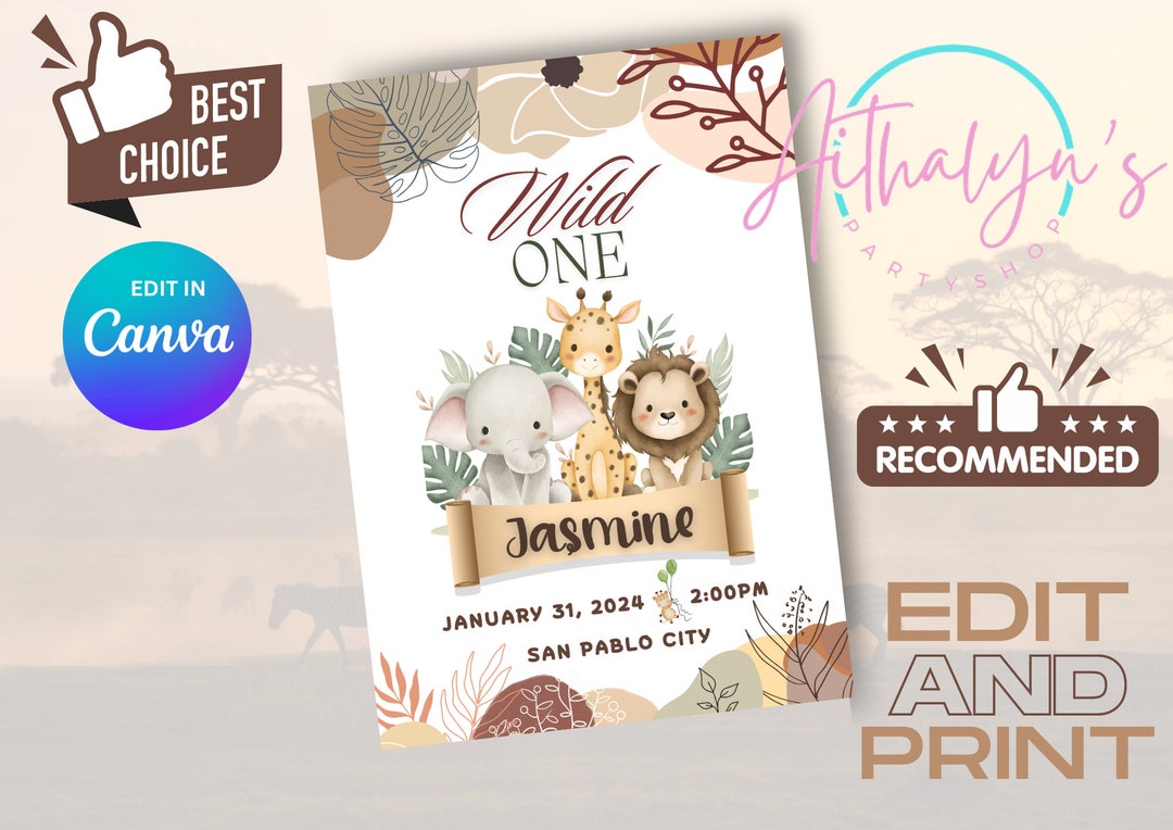 Safari Brown Invitation Wild One Template Safari Baby Cute Layout - Etsy