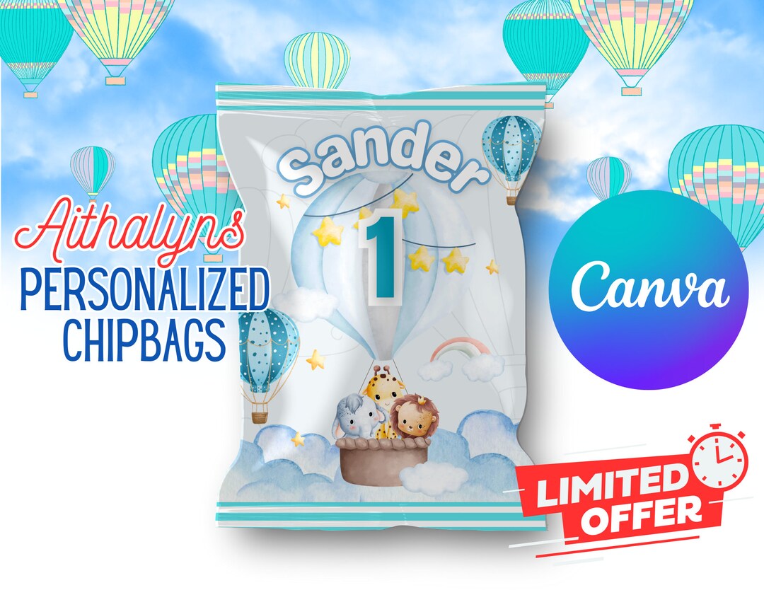 HOT AIR BALLOON Animals Printable Chip Bag, Elephant Baby Shower Chip ...