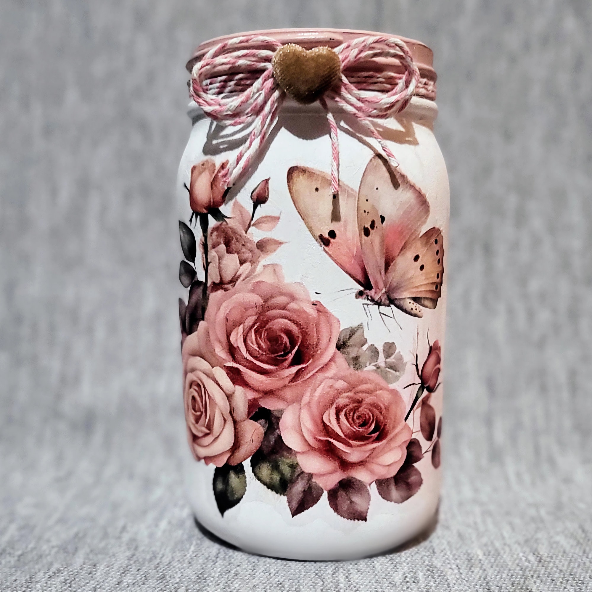 Pretty Pink Roses & Butterfly Mason Jar ~ Hand-painted and Decoupaged ...
