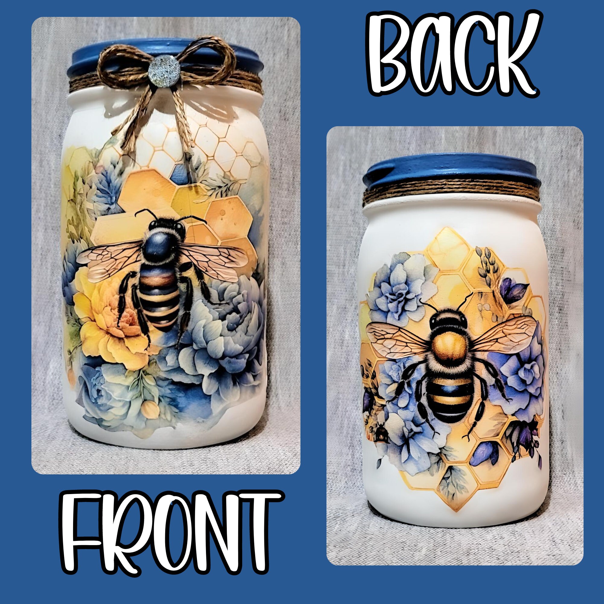 Floral Bee Decoupaged Mason Jar ~ Centerpiece/vase. Birthday Gift ...