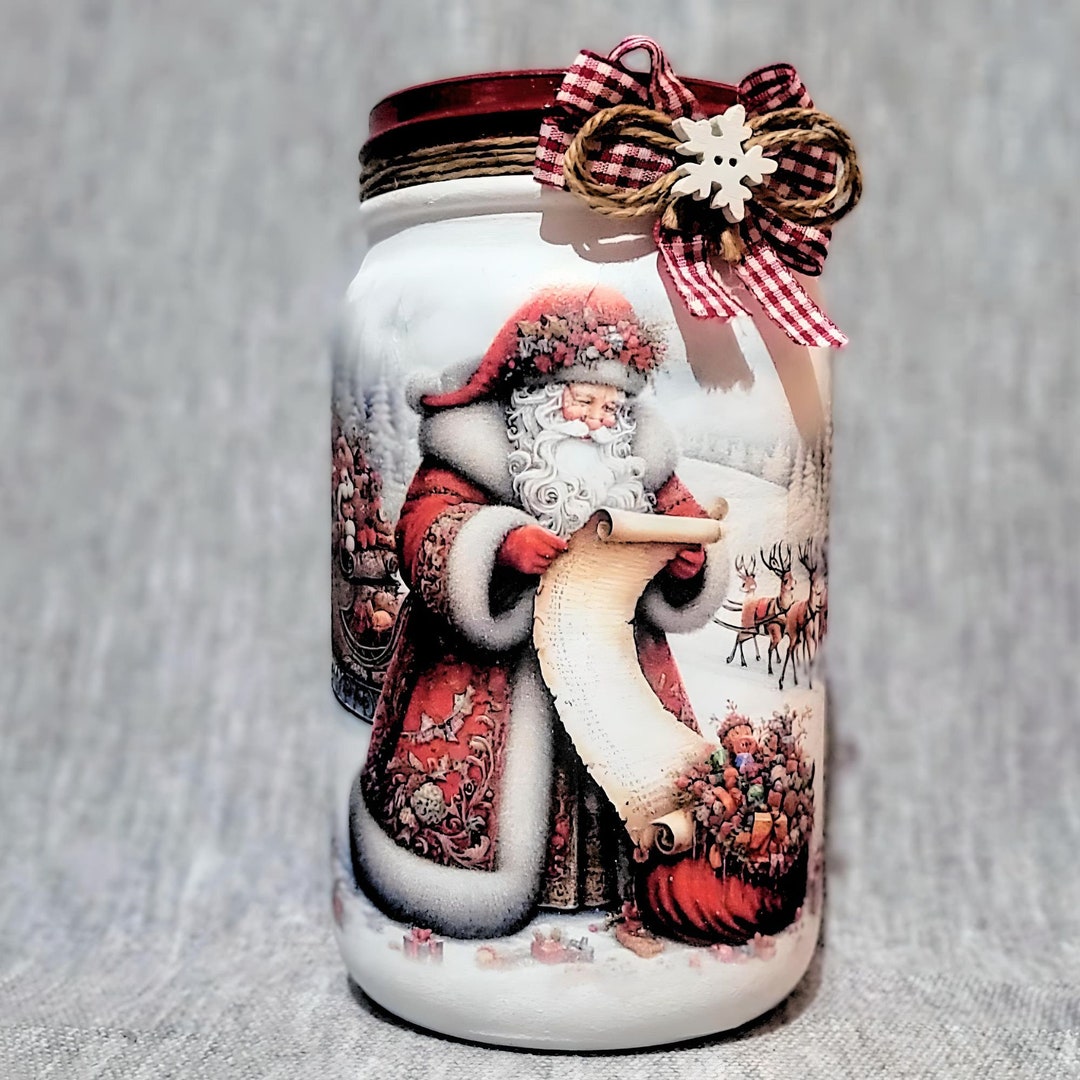 Holiday Santa and Snowman Mason Jar ~ Holiday Decor. Centerpiece/vase ...
