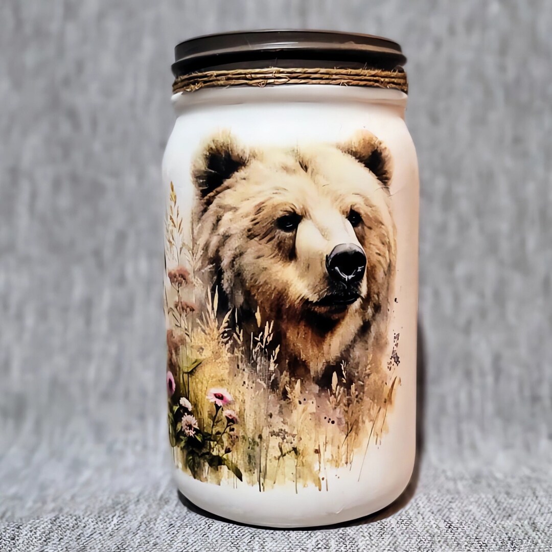 Grizzly Bear Decoupaged Mason Jar ~ Wildlife Decor. Housewarming Gift ...