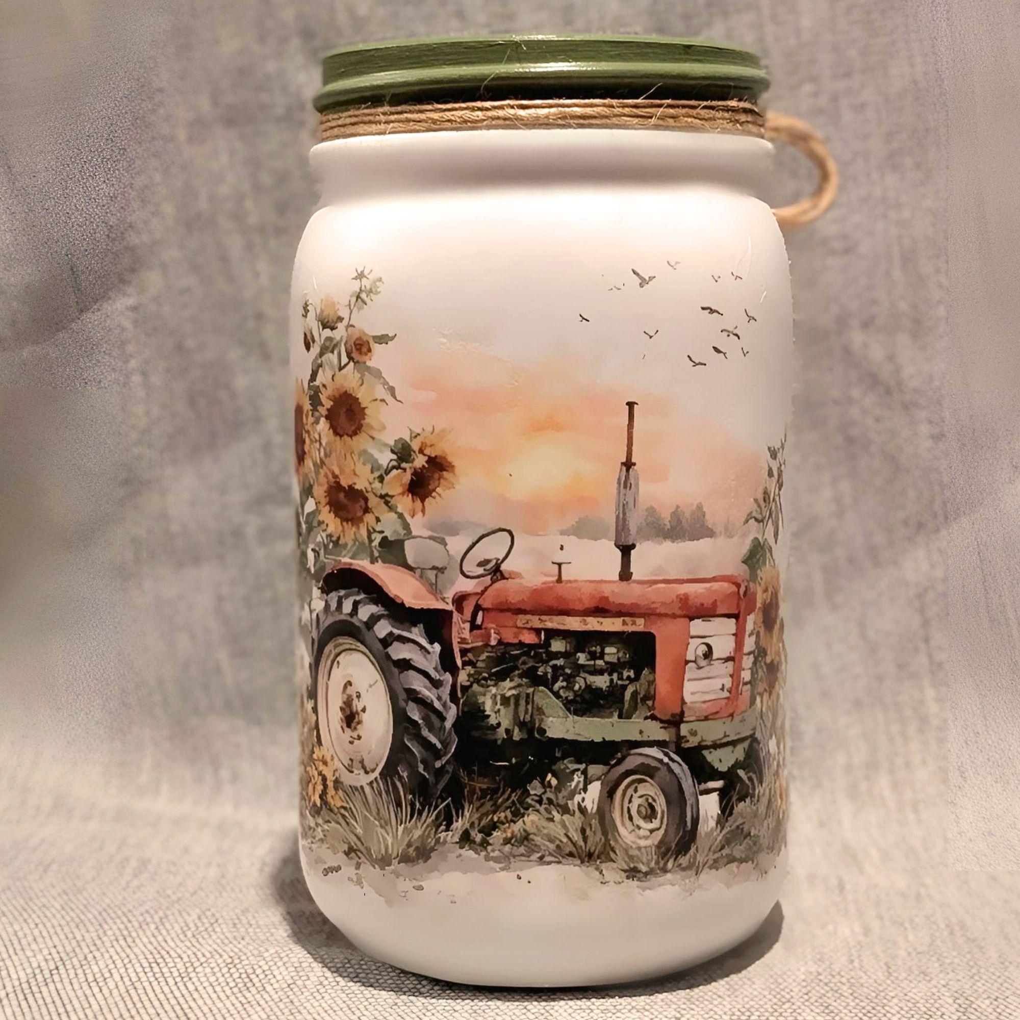 Tractor & Sunflowers Decoupage Mason Jar ~ Centerpiece. Vase. Birthday ...