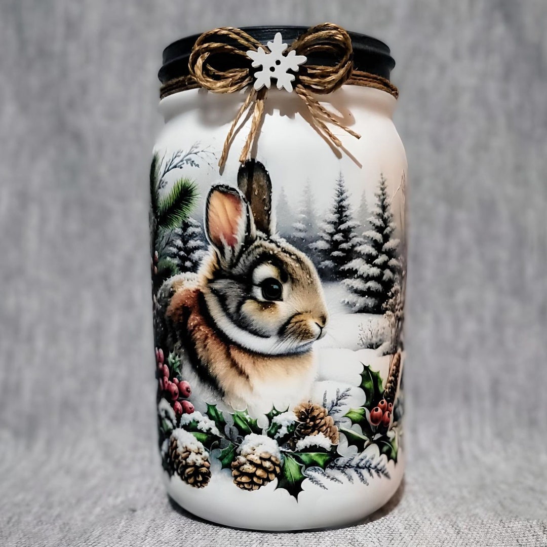 Winter Rabbit Decoupaged Mason Jar ~ Optional Tissue Holder. Christmas ...