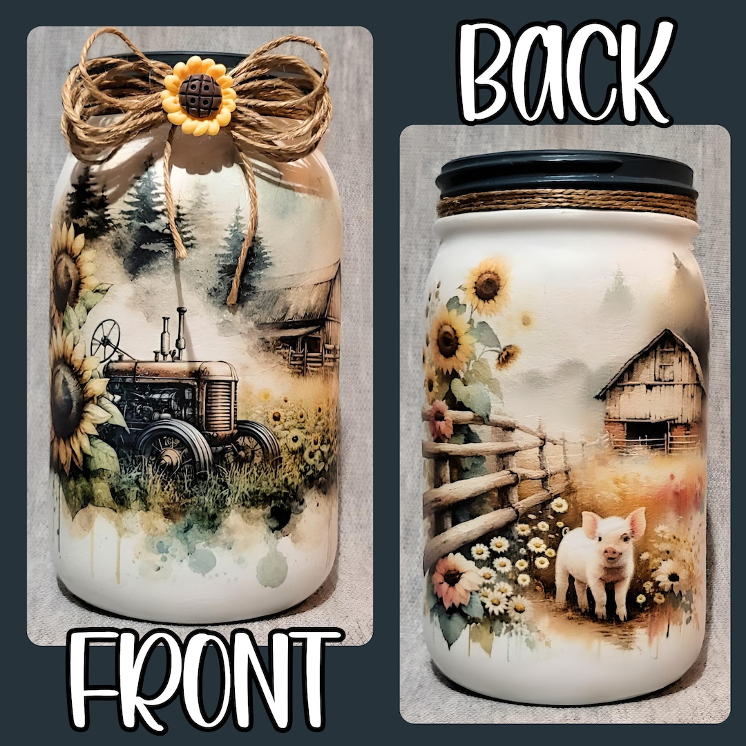 Unique Watercolor Farm Decoupaged Mason Jar Rustic Decor. Birthday Gift ...