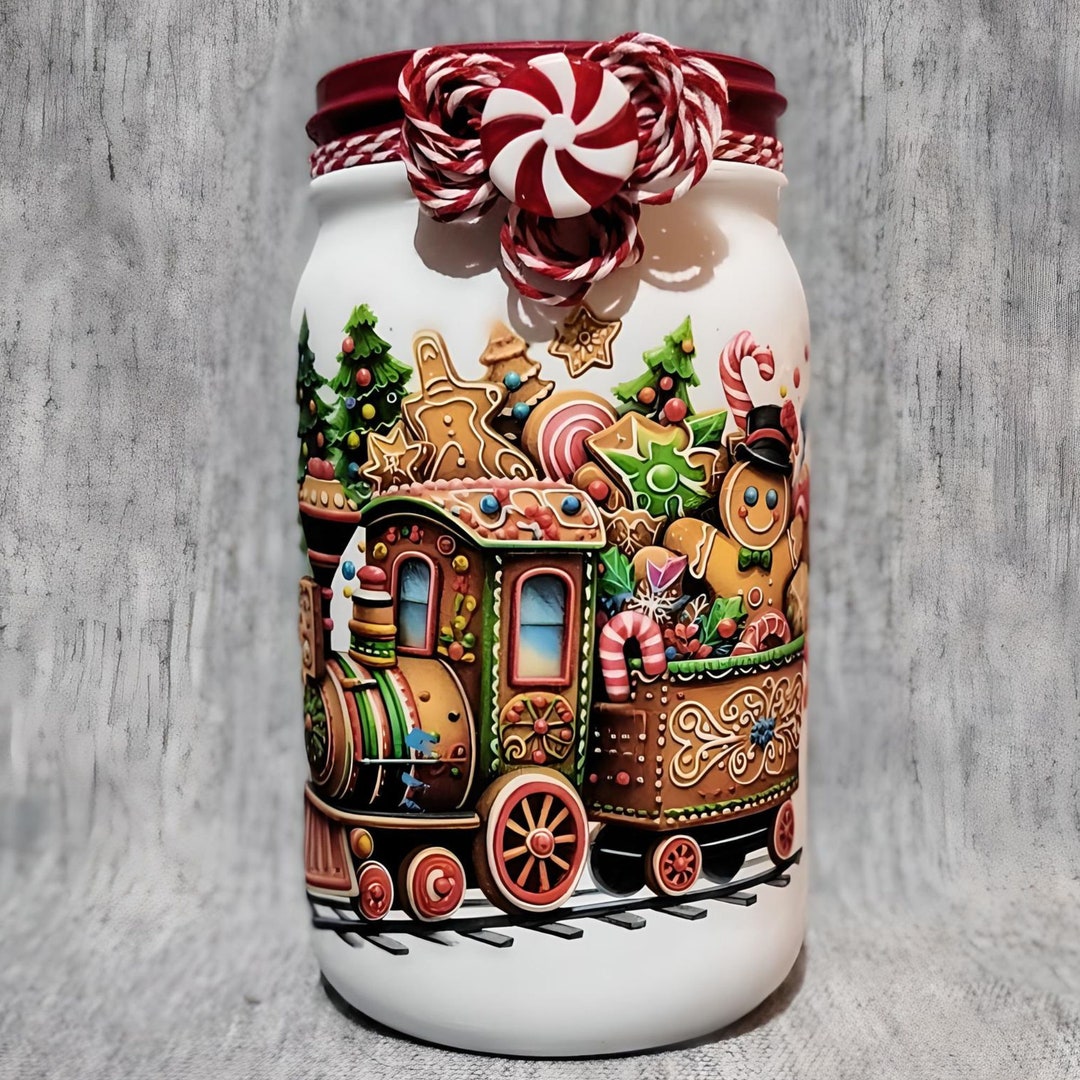 Gingerbread Train & Station Decoupaged Jar ~ Holiday Decor. Secret ...