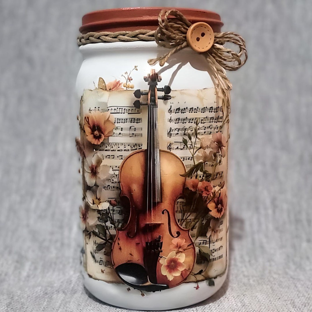 Romantic Violin & Sheet Music Decoupaged Mason Jar ~ Centerpiece/vase ...