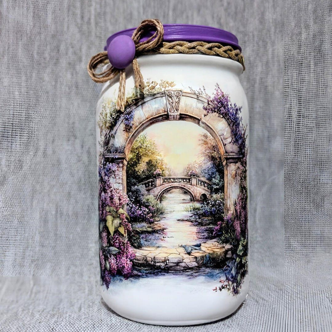 Lilac Bridge & Cart Decoupaged Mason Jar ~ Centerpiece/vase. Birthday ...