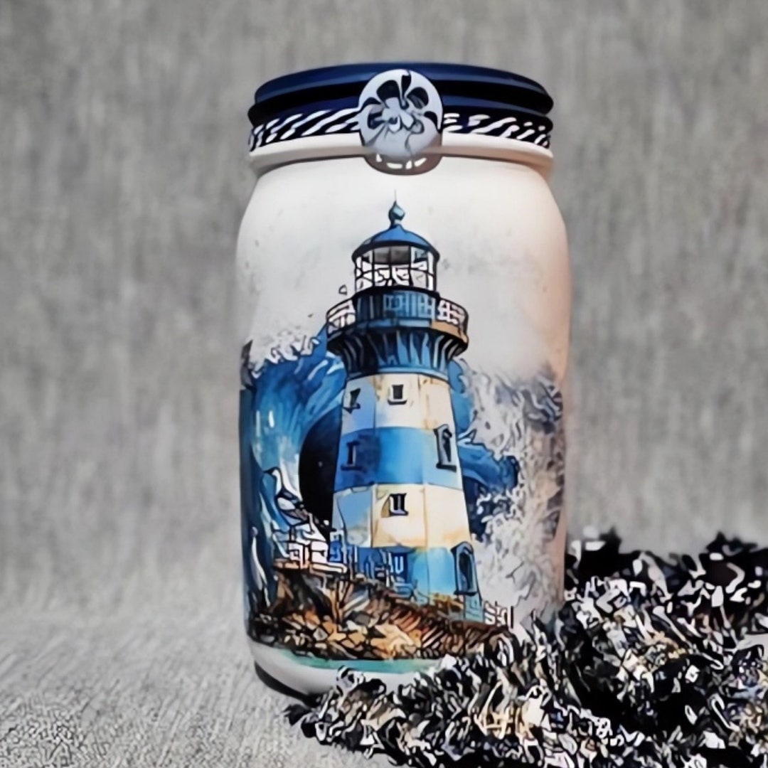 Lighthouse & Seashell Decoupaged Mason Jar ~ Housewarming Gift ...