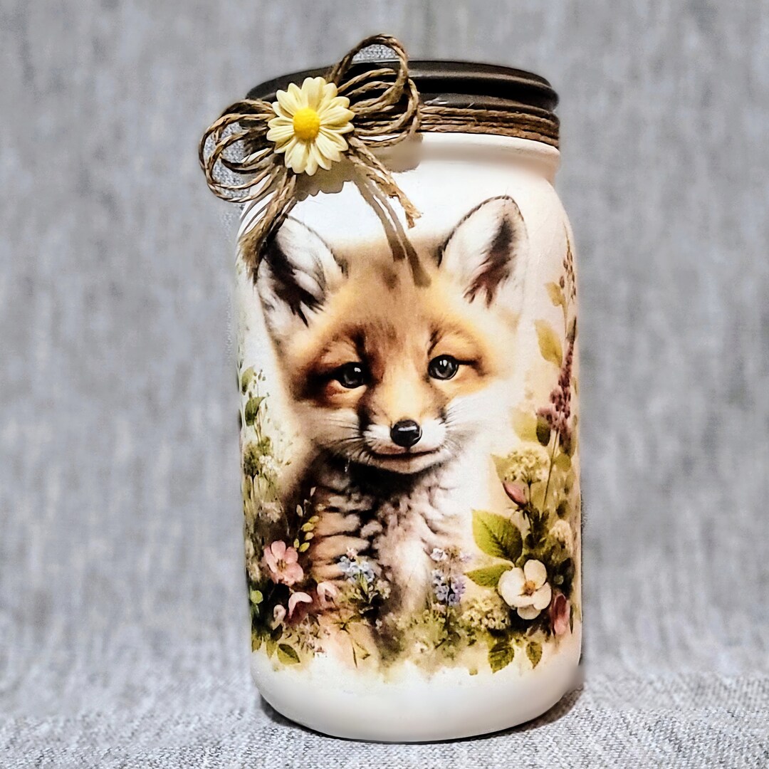 Sweet Baby Fox and Wildflowers Mason Jar ~ Hand-painted & Decoupaged ...