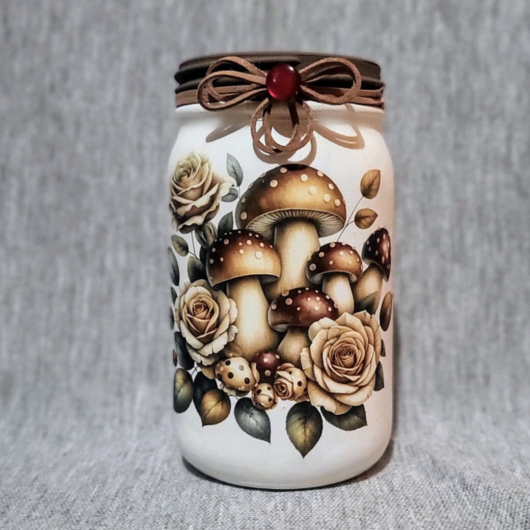 Cottagecore Mushroom & Roses Mason Jar ~ Hand-painted and Decoupaged ...