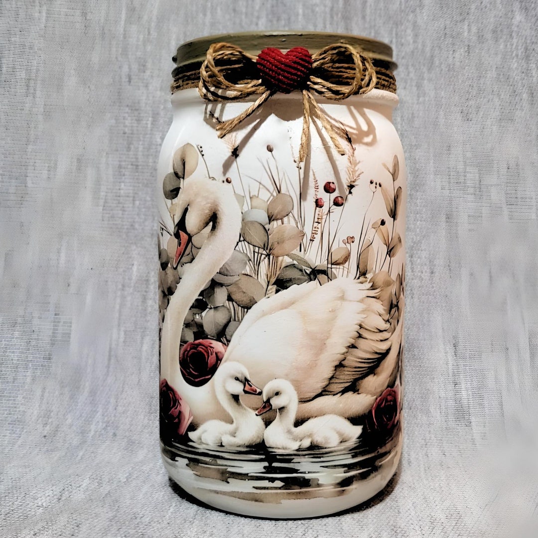 Swan & Babies Decoupaged Mason Jar, Hand-painted Vase - Etsy