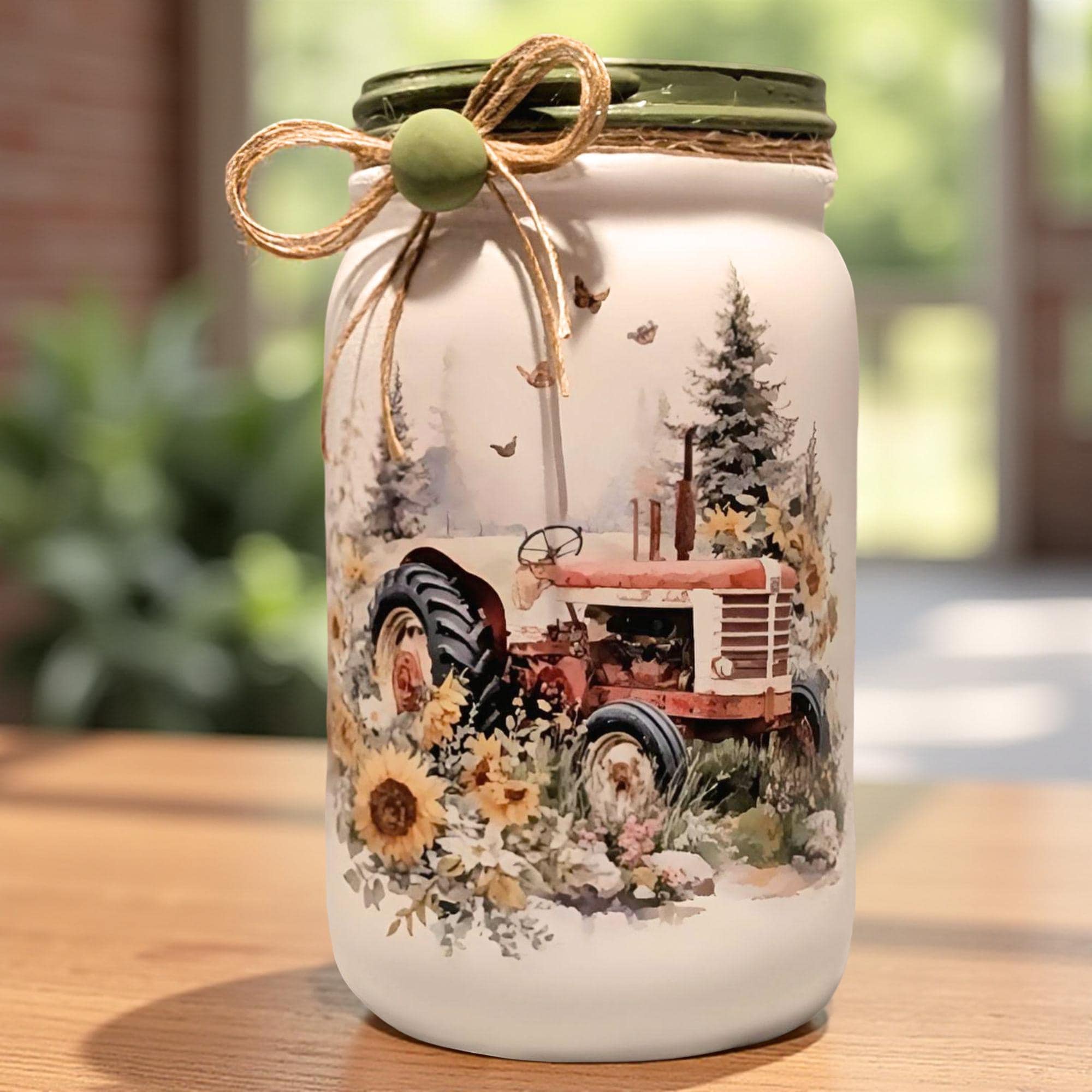 Tractor & Sunflowers Decoupage Mason Jar ~ Centerpiece. Vase. Birthday ...