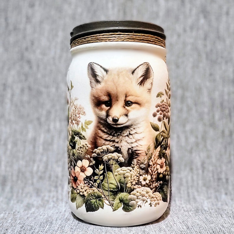 Sweet Baby Fox and Wildflowers Mason Jar ~ Hand-painted & Decoupaged ...