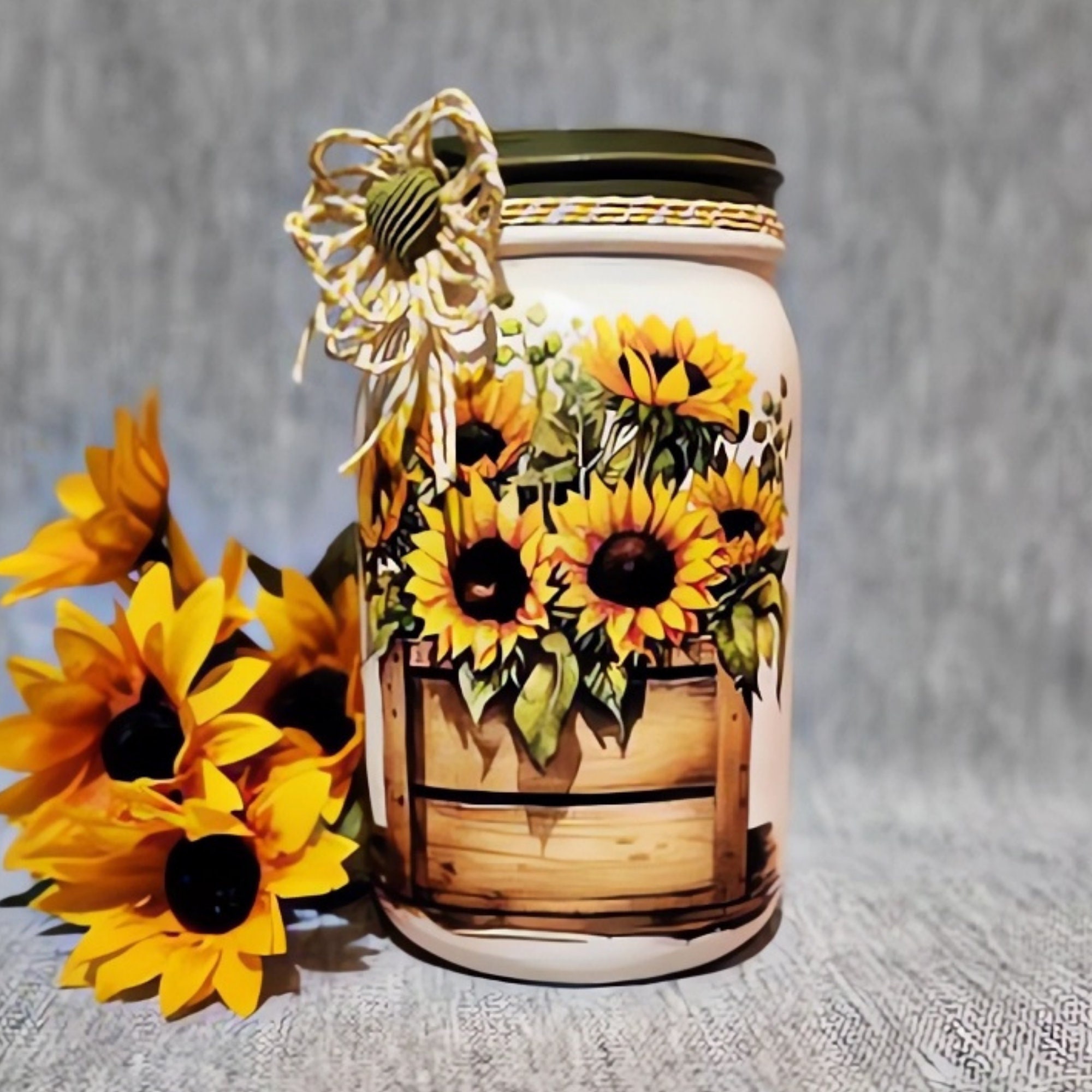 Sunflower Truck Decoupaged Mason Jar ~ Housewarming Gift. Birthday Gift ...