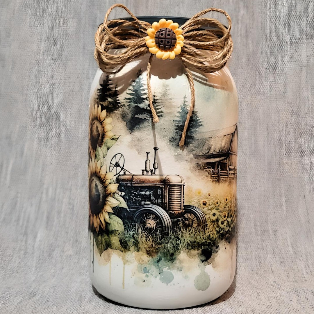 Unique Watercolor Farm Decoupaged Mason Jar ~ Rustic Decor. Birthday ...