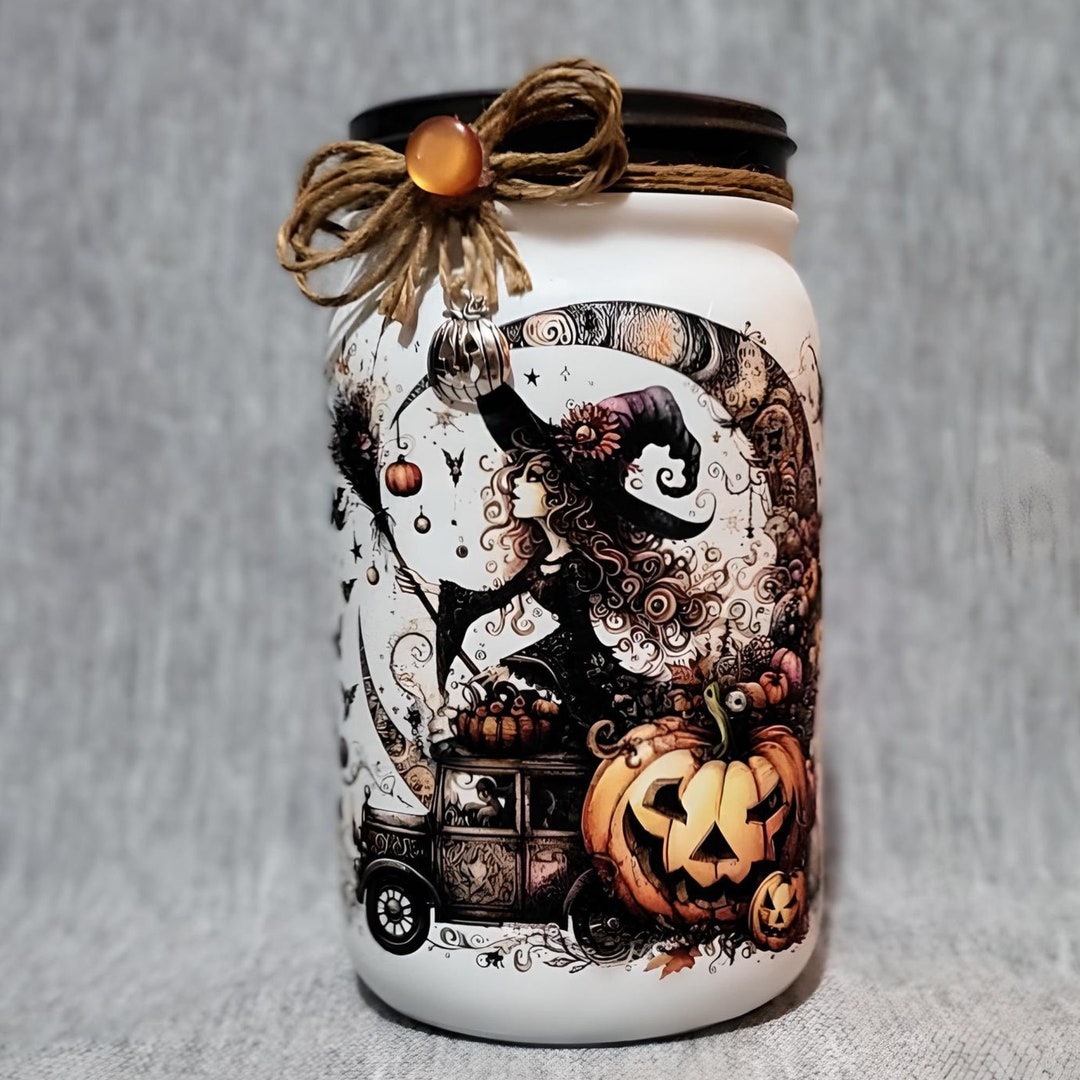 Whimsical Witch Mason Jar ~ Handcrafted Decoupage. Centerpiece/vase ...