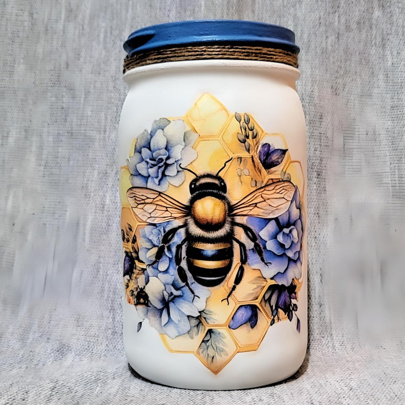 Floral Bee Decoupaged Mason Jar ~ Centerpiece/vase. Birthday Gift ...