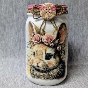 Victorian Rabbit Decoupaged Mason Jar ~ Birthday Gift. Centerpiece/vase ...