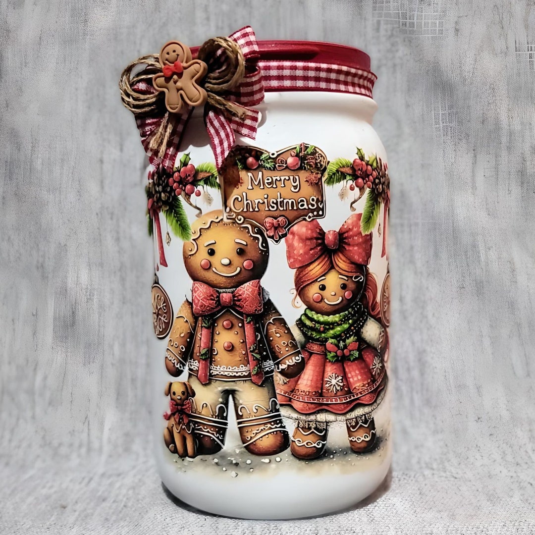Christmas Gingerbread Decoupaged Mason Jar #3 ~ Optional Tissue Holder ...