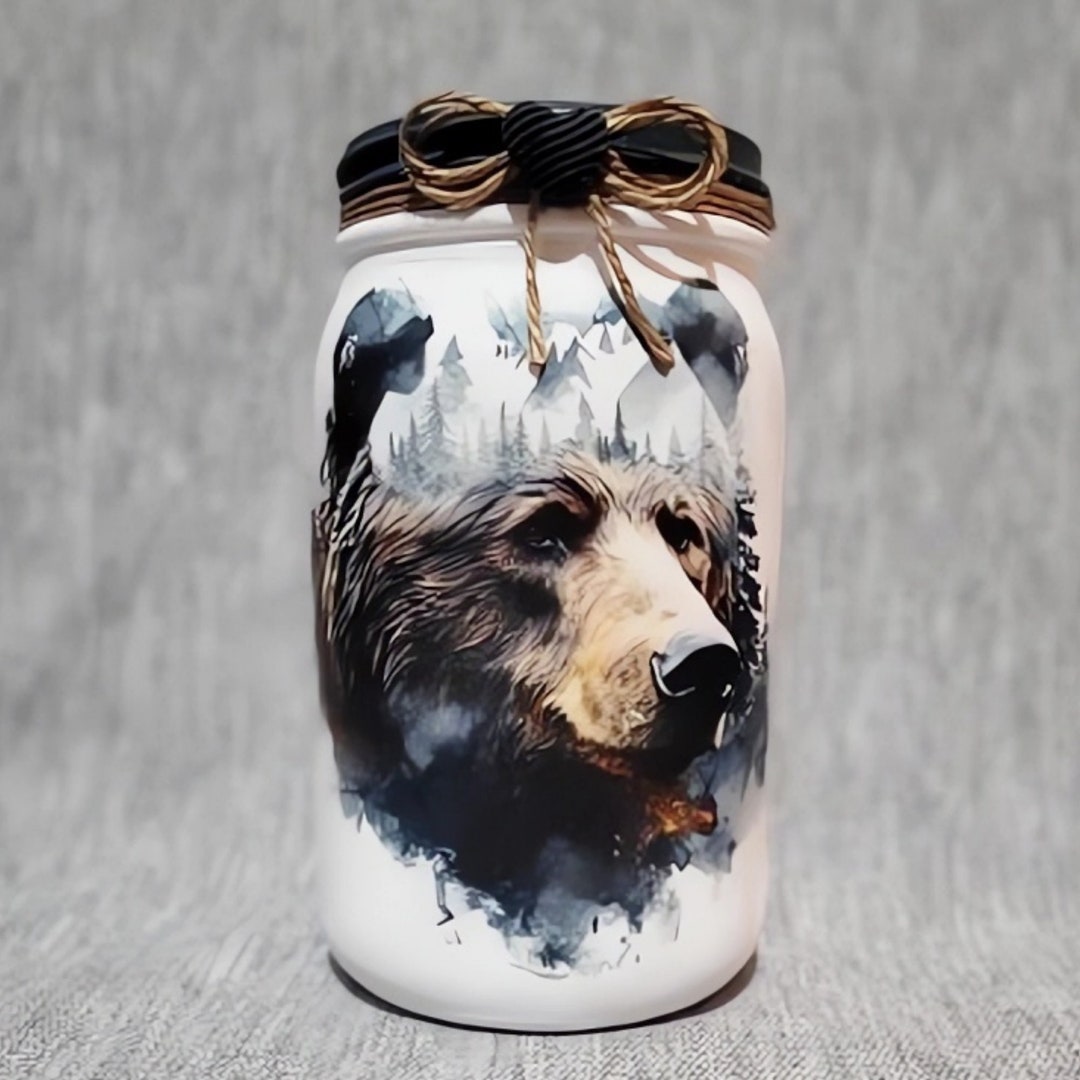Bear and Wolf Mason Decoupaged Mason Jar ~ Optional Tissue Holder ...