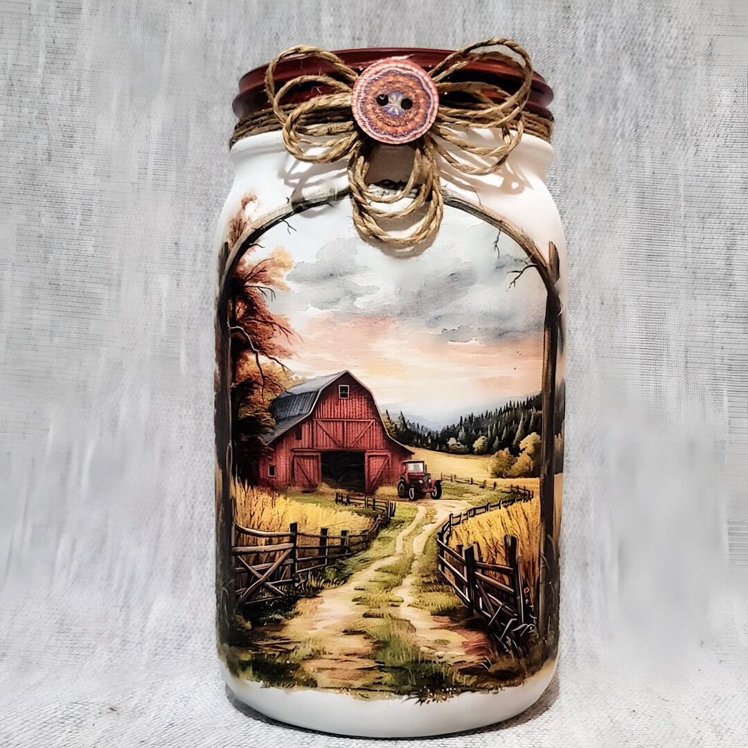 Rustic Farm Scene Decoupaged Mason Jar ~ Rustic Decor. Birthday Gift ...