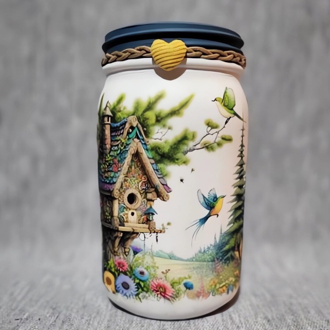 Whimsical Birdhouse Decoupaged Mason Jar ~ Birthday Gift. Housewarming ...