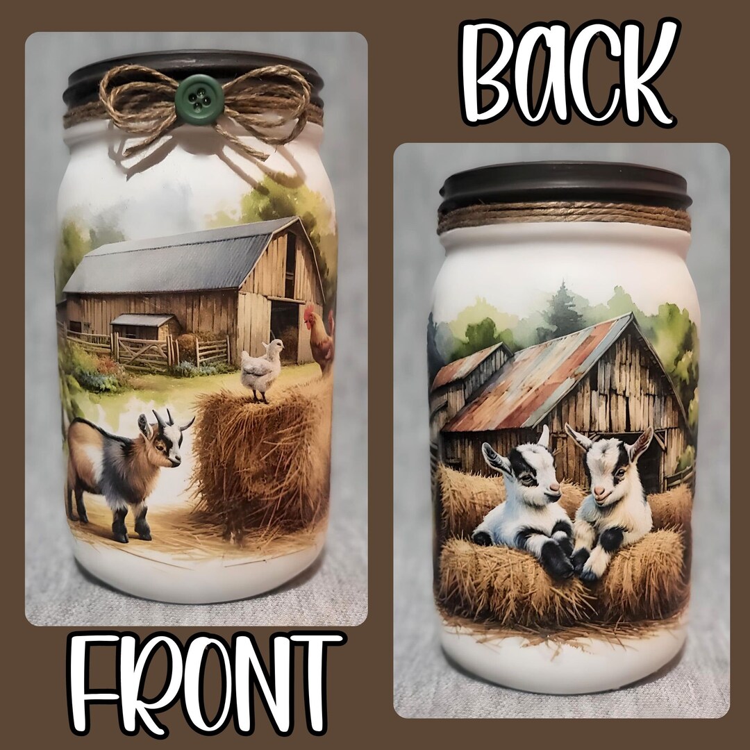 Rustic Barn & Goats Decoupaged Mason Jar Housewarming Gift. Birthday ...