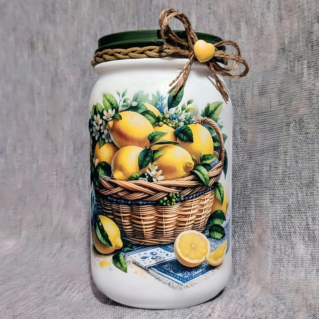 Lemons & Lemon Tree Decoupaged Mason Jar ~ Utensil Holder. Centerpiece ...