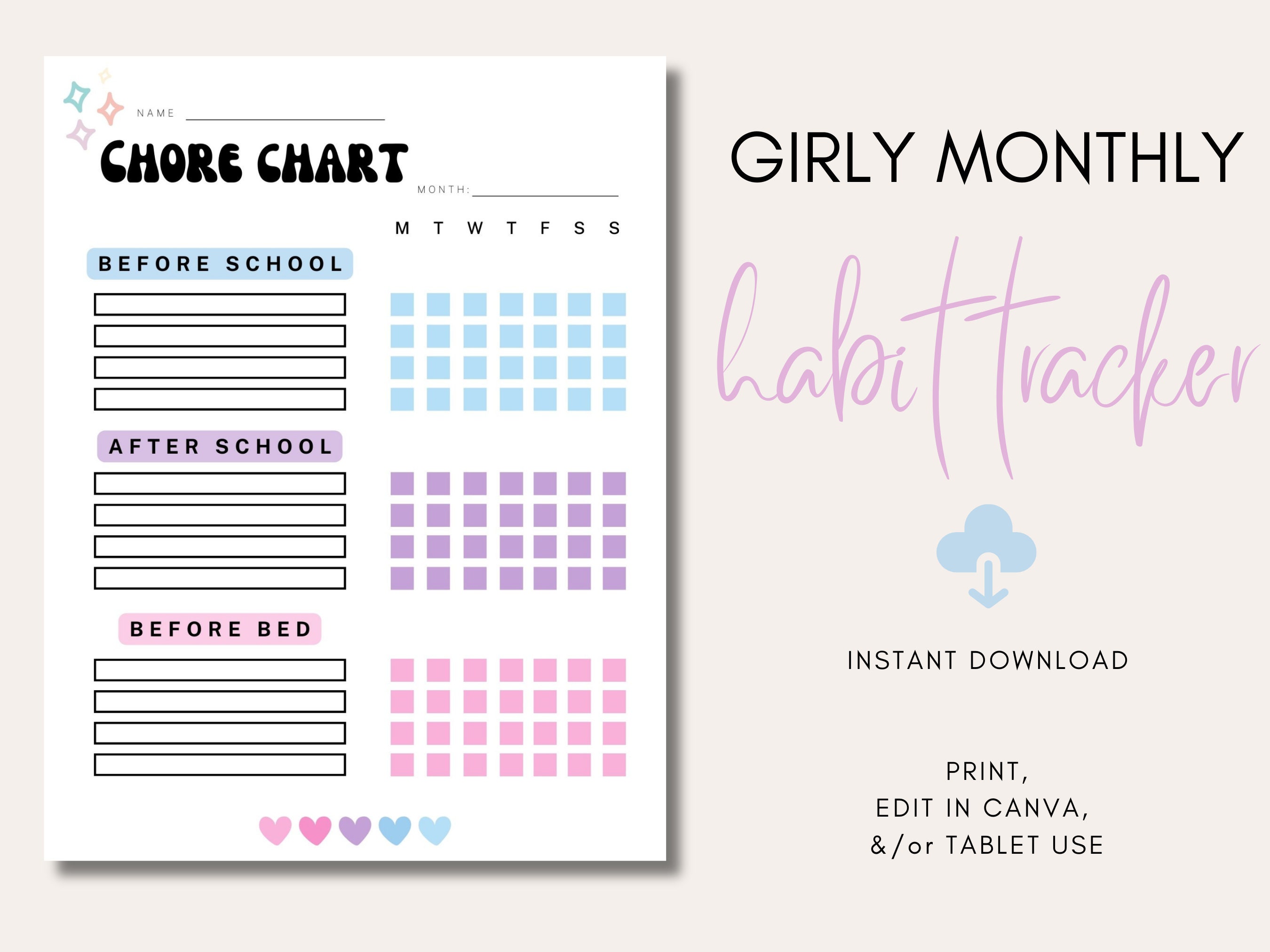 Habit Tracker, Printable Before & After Kids Chore Checklist, Habit ...