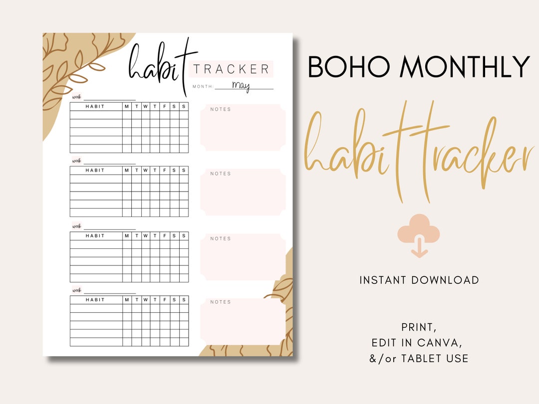 Boho Habit Tracker, Printable Monthly Habit Tracker, Habit Tracker Year ...