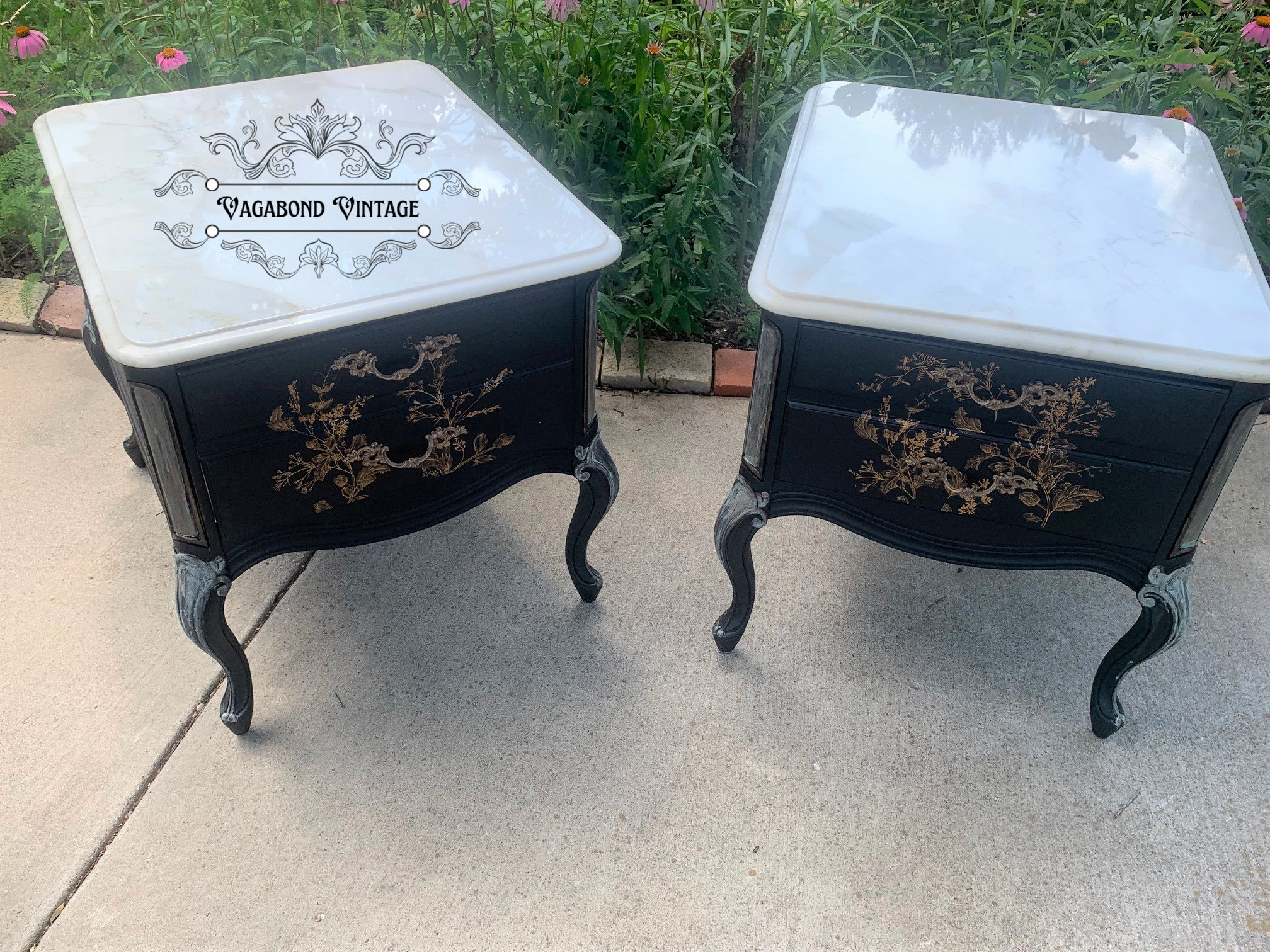 Vintage Black End Tables W/marble Tops - Shipping NOT Included Message ...