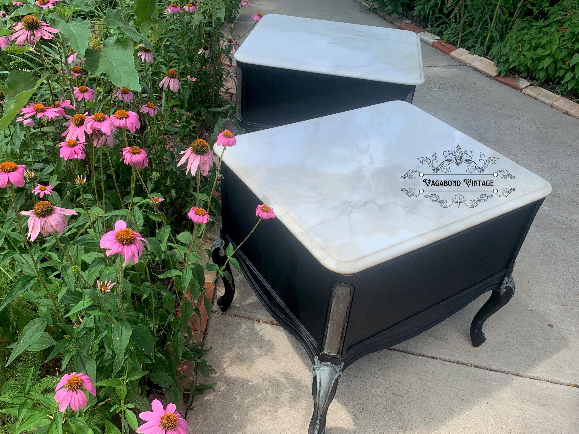 Vintage Black End Tables W/marble Tops - Shipping NOT Included Message ...