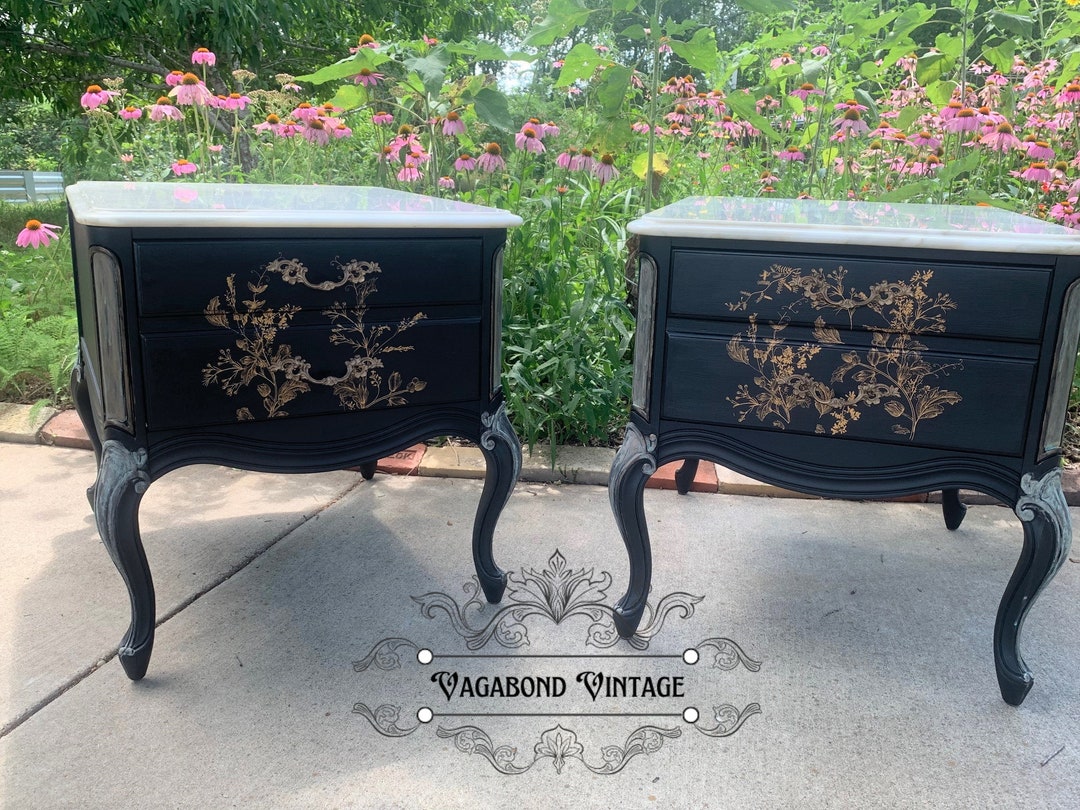 Vintage Black End Tables W/marble Tops - Shipping NOT Included Message ...