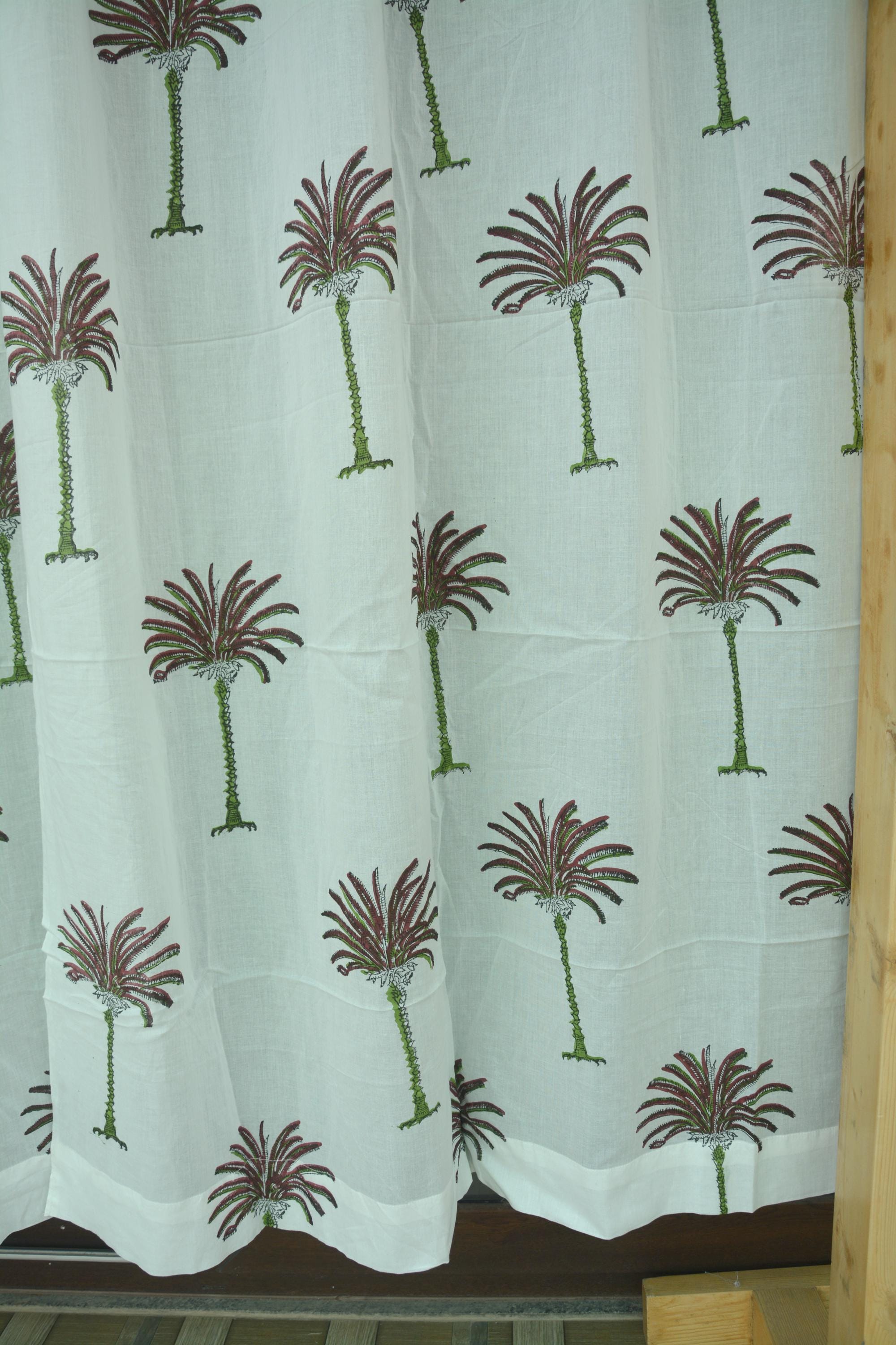Palm Tree Block Print Curtain Set 2 Panels Farmhouse Door Window Drapes ...